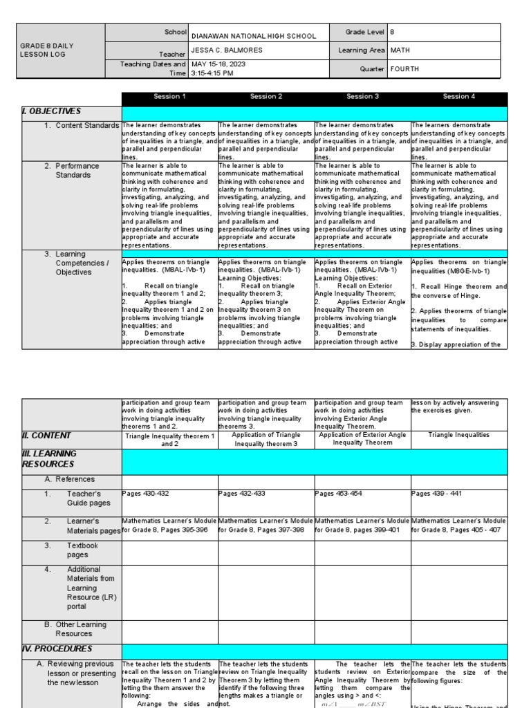 DLL - Math 8 W2-Day 5-8 | PDF | Triangle | Learning