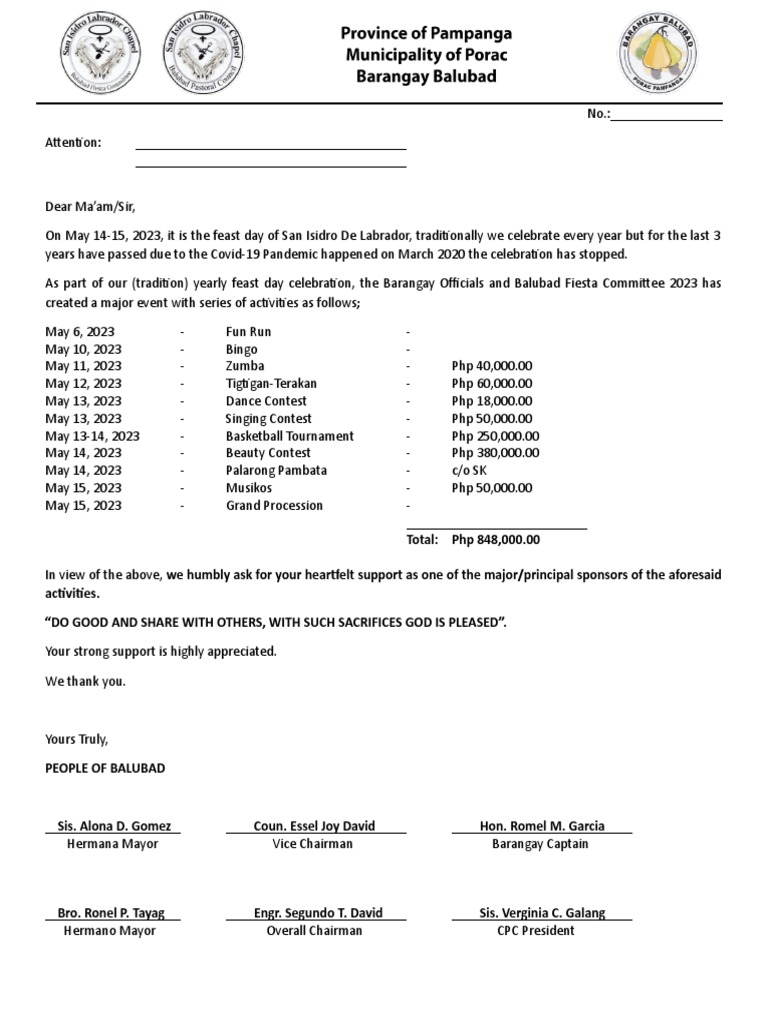Barangay Fiesta Solicitation Letter | PDF