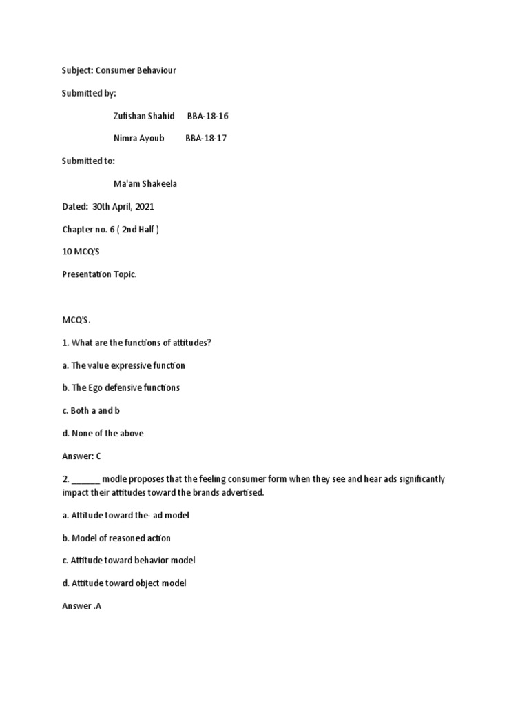Consumer Behaviour MCQ's | PDF