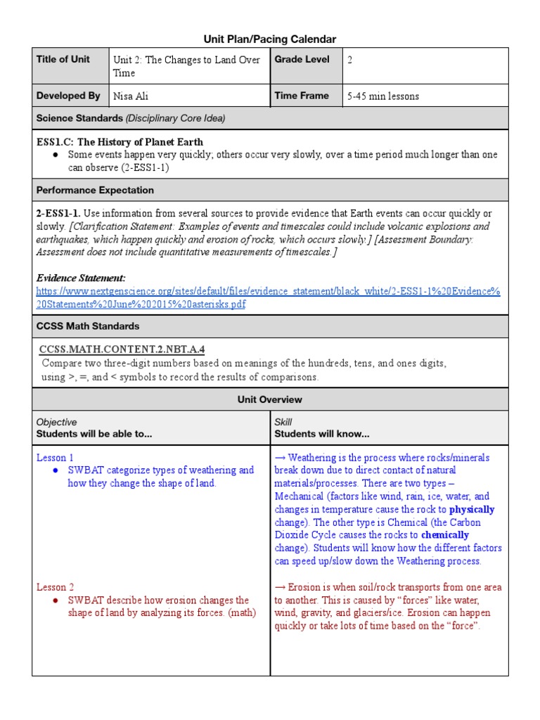 Nisa Ali - Unit Plan Pacing Calender | PDF | Erosion | Weathering