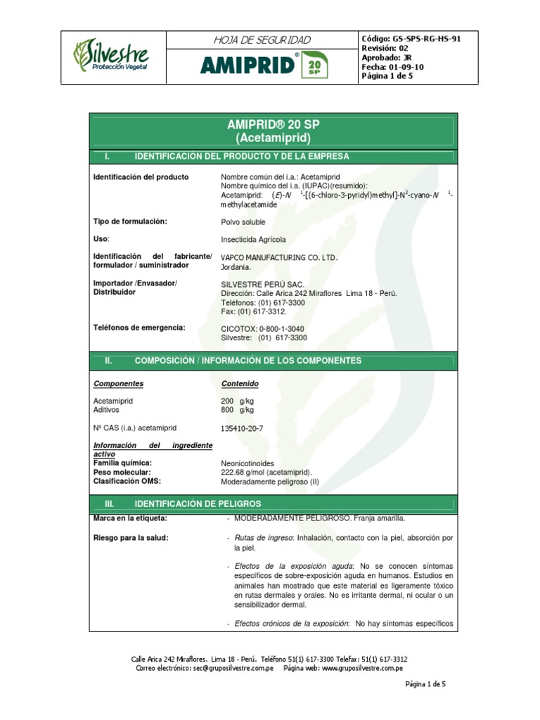 HS Amiprid 20 SP (Vapco) | PDF | Agua | Contaminación