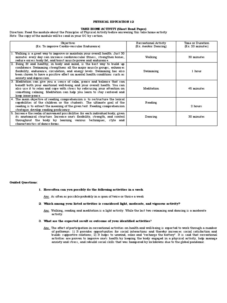 Physical Education 12 Take Home Activity | PDF | Meditation | Cognitive ...