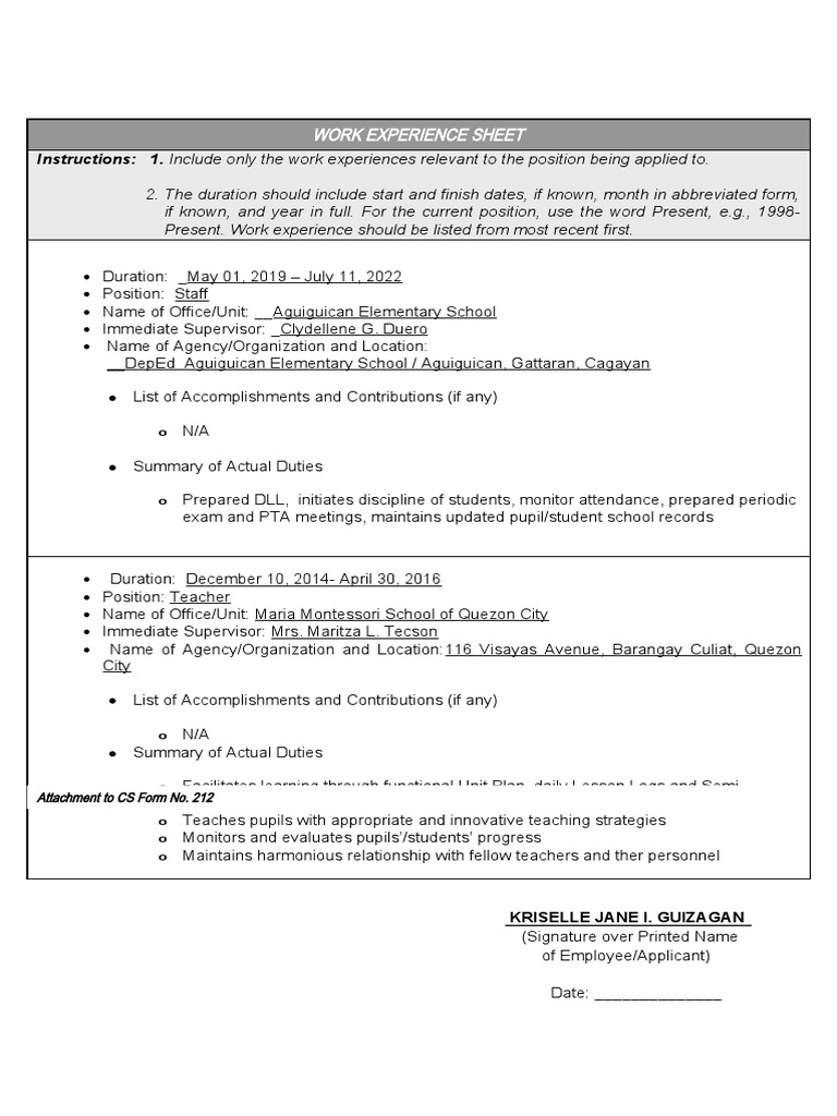 Cs Form No 212 Attachment Work Experience Sheet Pdf
