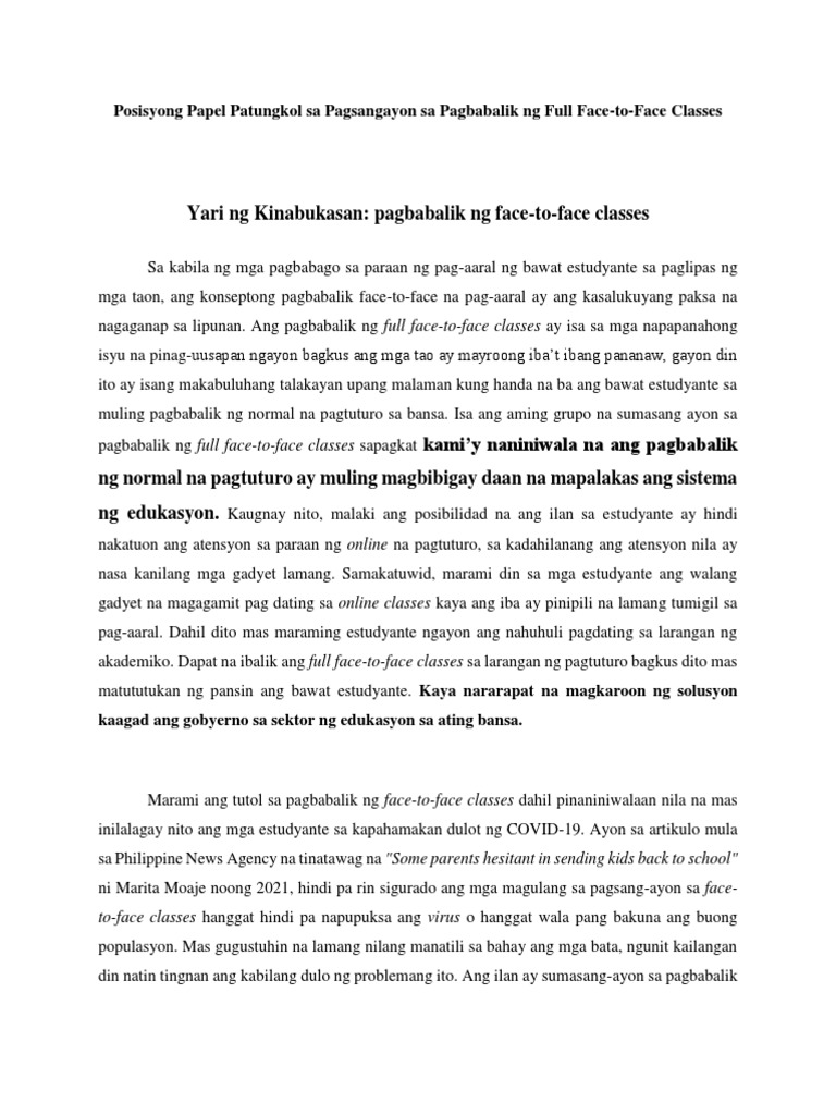 Yari NG Kinabukasan: Pagbabalik NG Face-To-Face Classes | PDF