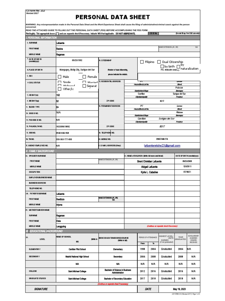 Cs Form No 212 Personal Data Sheet Pdf Teachers
