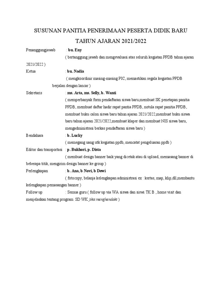 Susunan Panitia Penerimaan Peserta Didik Baru Tahun Ajaran 2021 | PDF