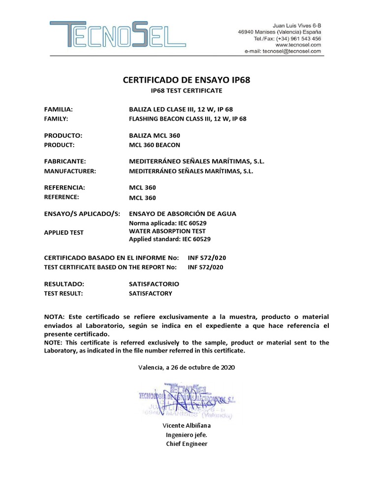 Certificado IP68 Baliza LED MCL 360 | PDF