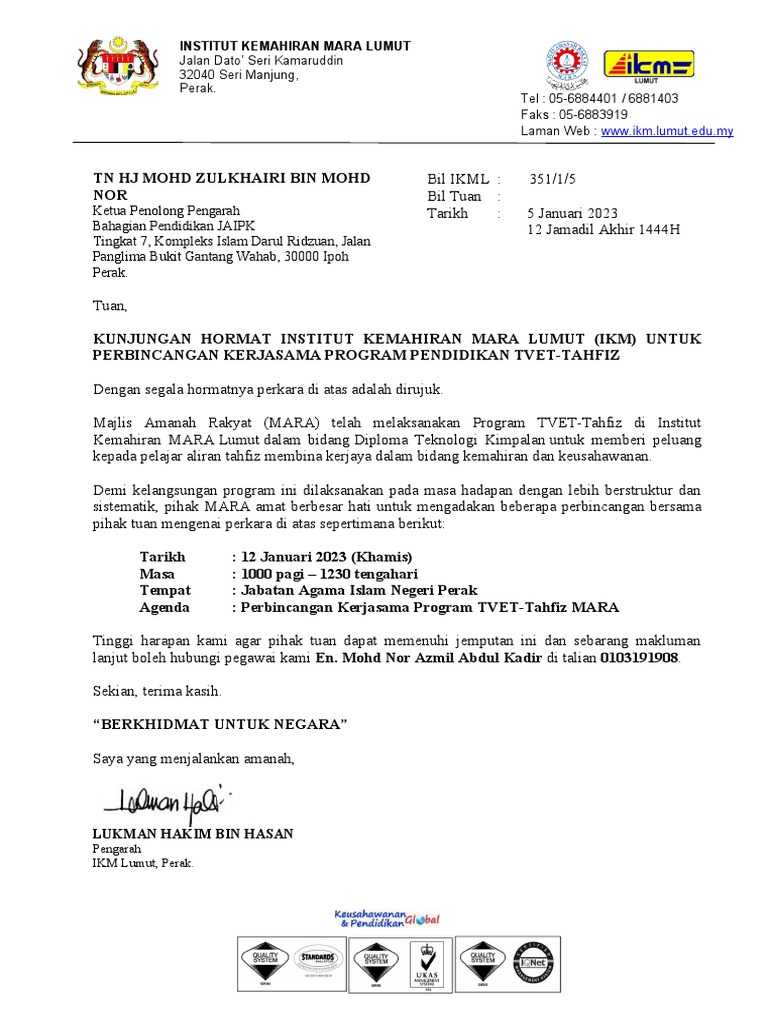 Surat Kunjungan Hormat Ke Bahagian Pendidikan Jaipk 2023 | PDF