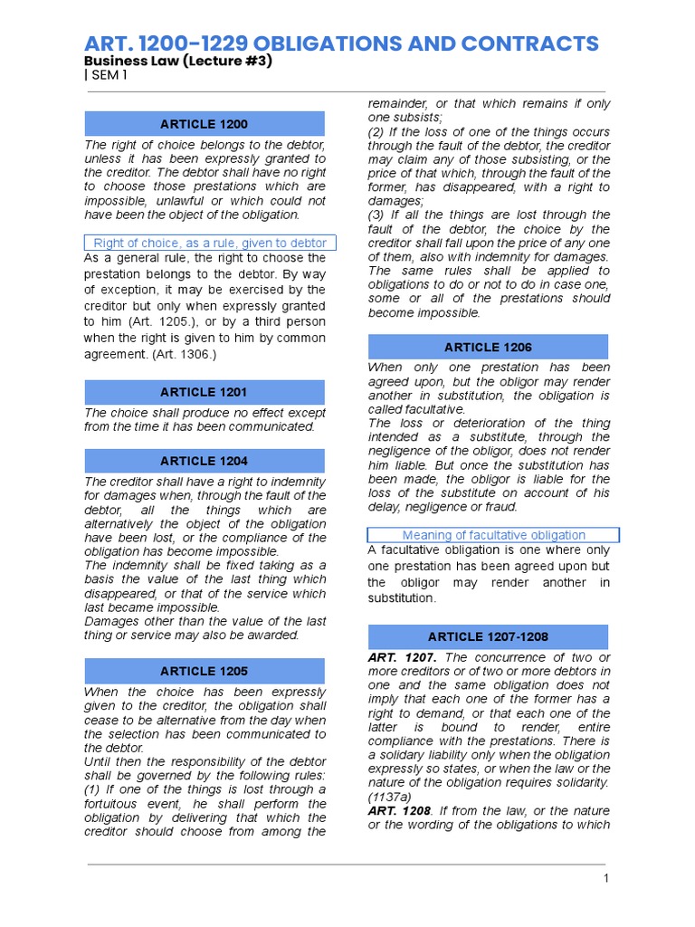 Art. 1200-1229 Obligations and Contracts | PDF | Indemnity | Debtor