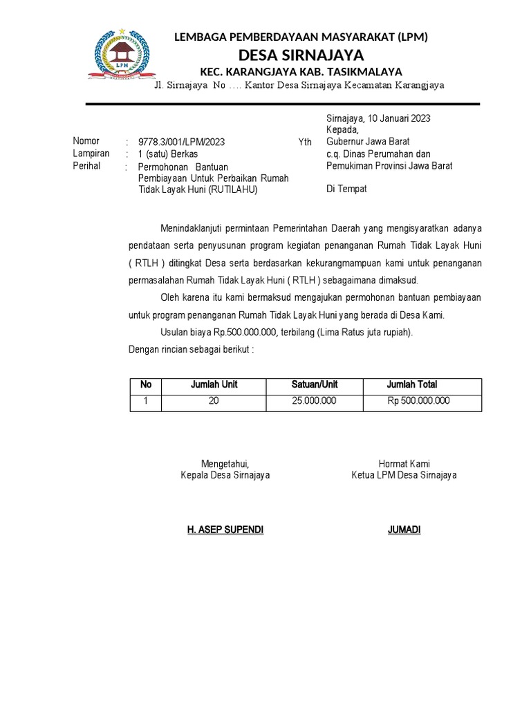 Proposal Rutilahu Desa Sirnajaya | PDF
