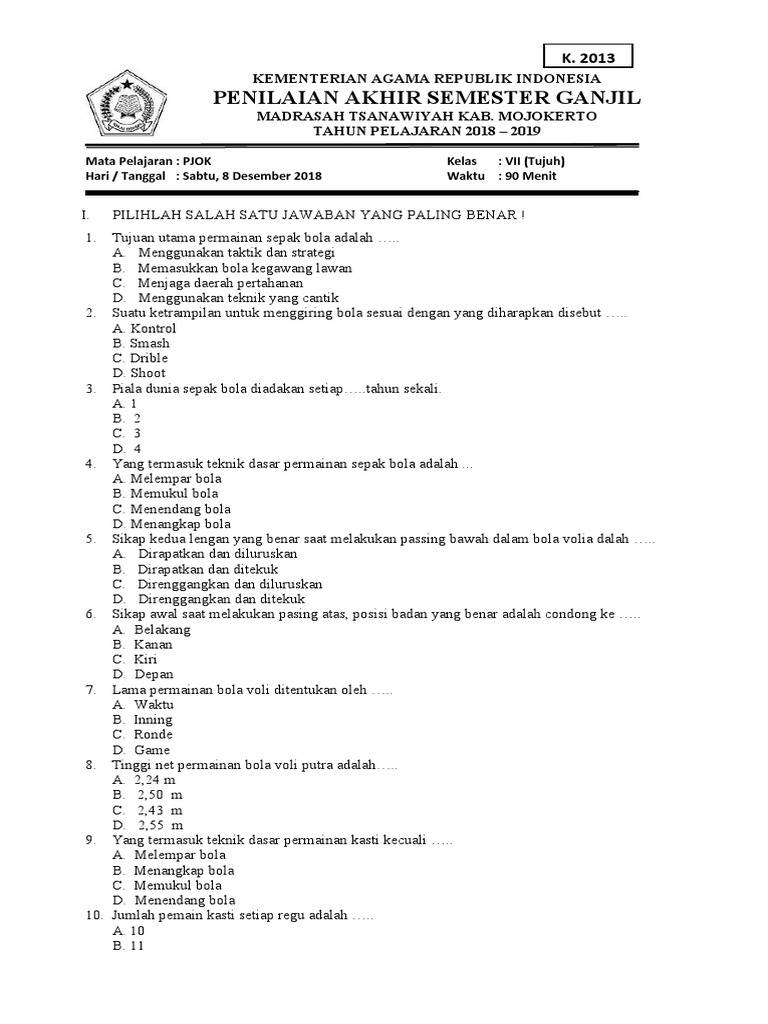 Soal Pjok KLS 7 K 13 | PDF