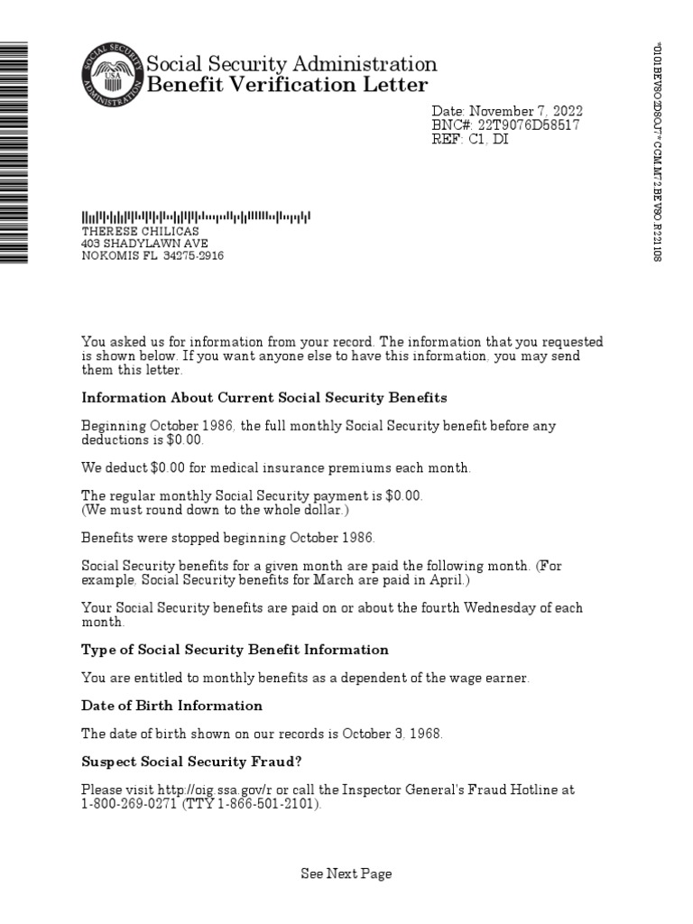 Social Security Benefit Verification Letter | PDF | Social Security ...