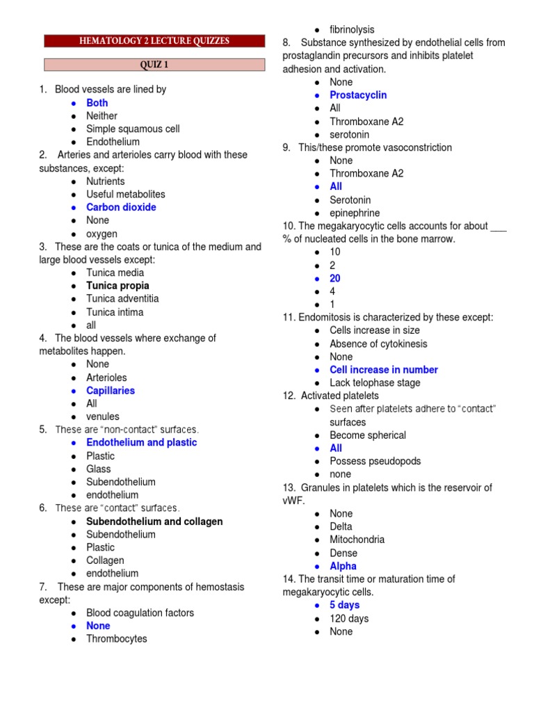 Hematology 2 Lecture Quizzes | PDF | Platelet | Coagulation