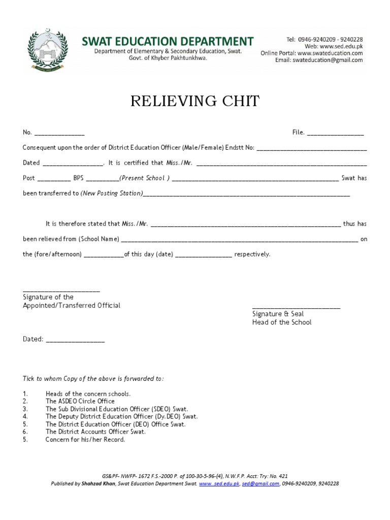 Relieving Chit Male | PDF