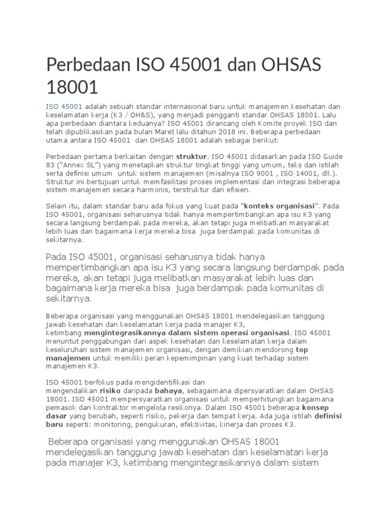 Perbedaan ISO 45001 Dan OHSAS 18001 | PDF