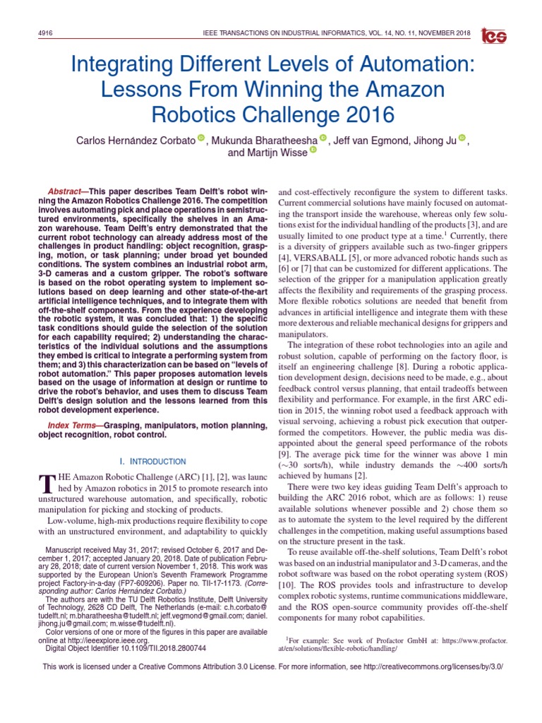 Lessons From Winning The Amazon Robotics Challenge 2016 | PDF | Robotics | Automation