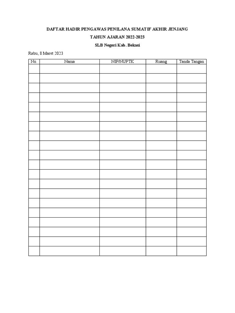 Daftar Hadir Pengawas Penilana Sumatif Akhir Jenjang | PDF