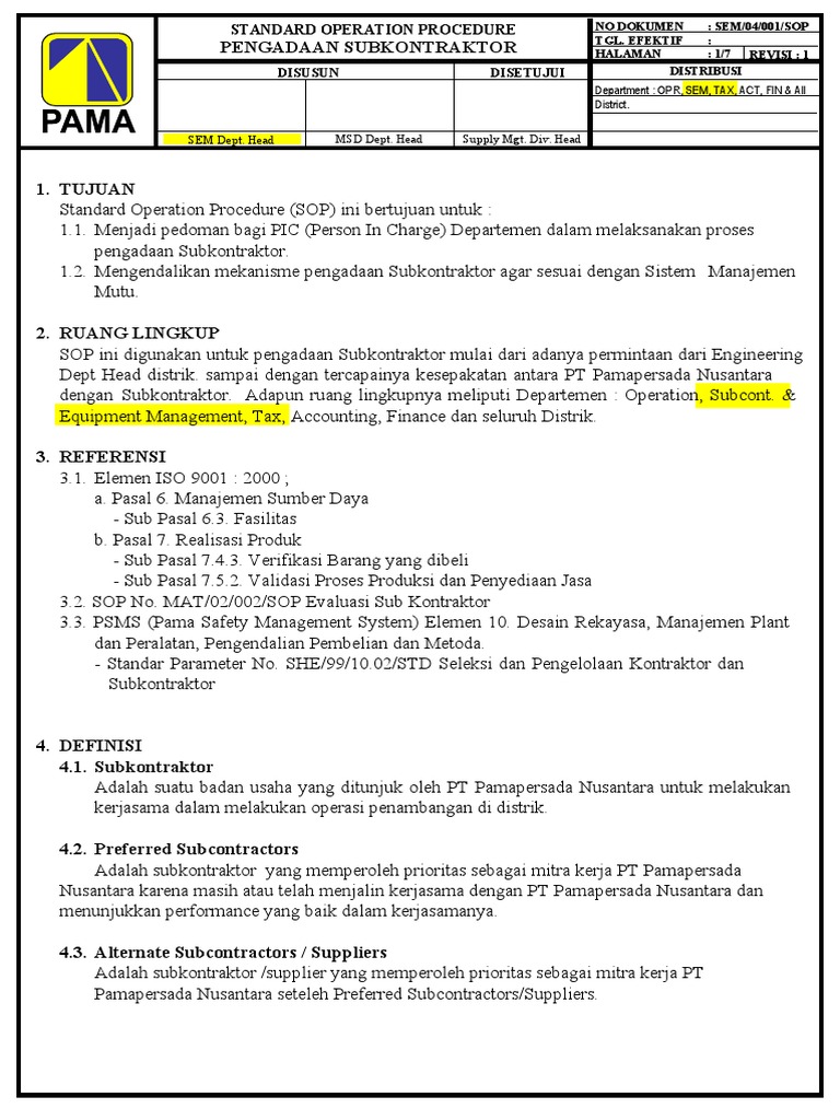 SOP - Pengadaan Subkontraktor | PDF
