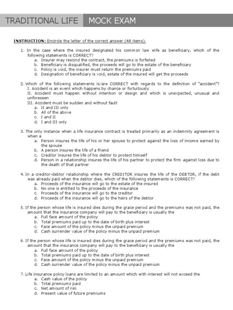 ACE Traditional IC Online Mock Exam_08182021 | PDF | Insurance | Life ...