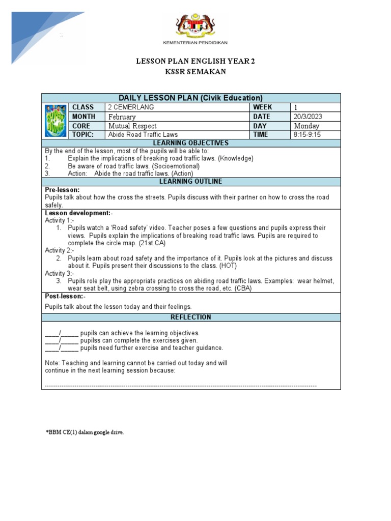 Year 2 Civic Education: Road Safety Lesson | PDF | Lesson Plan ...