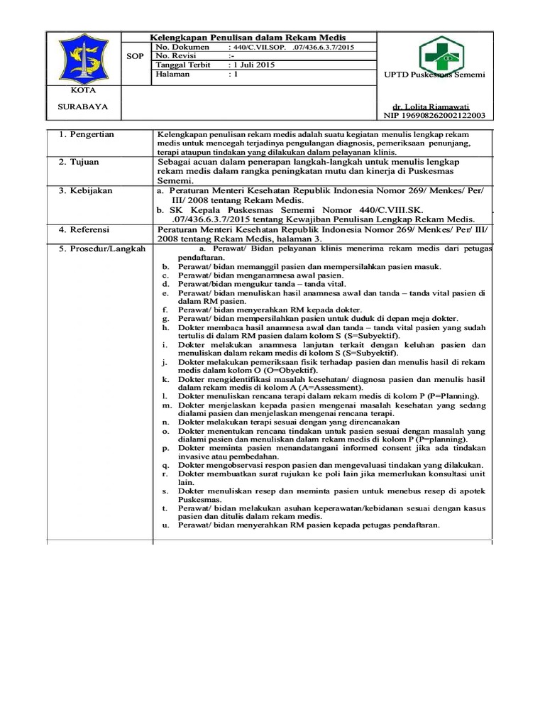 Sop Kelengkapan Penulisan Dalam Rekam Medis | PDF