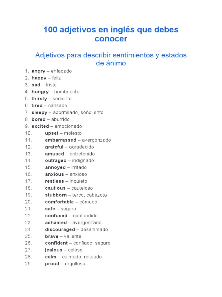 100 Adjetivos En Inglés Pdf