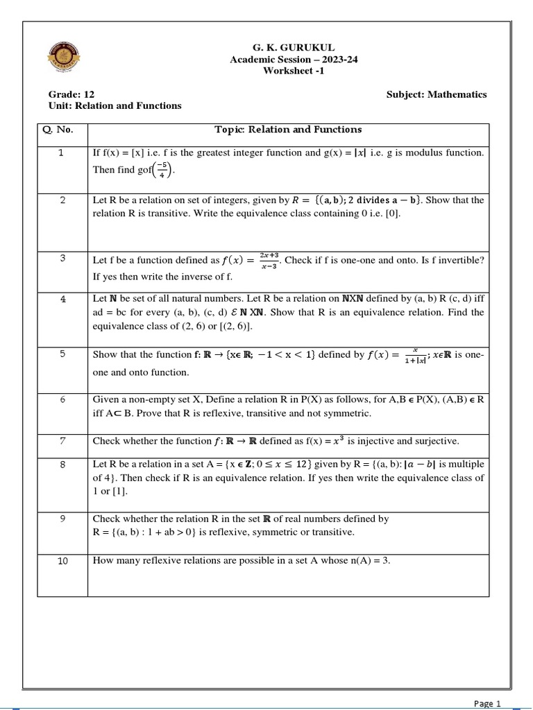 Worksheet 1_Relation and Functions (1) | PDF