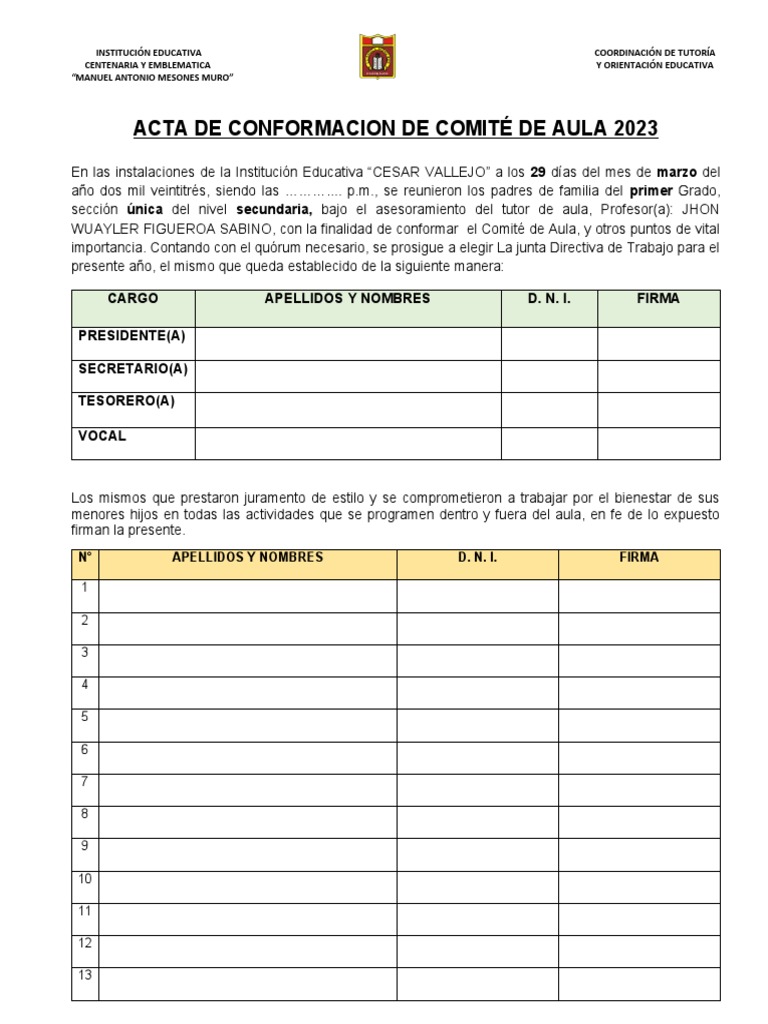 Acta de Conformación de Comite de Aula 2023 | PDF