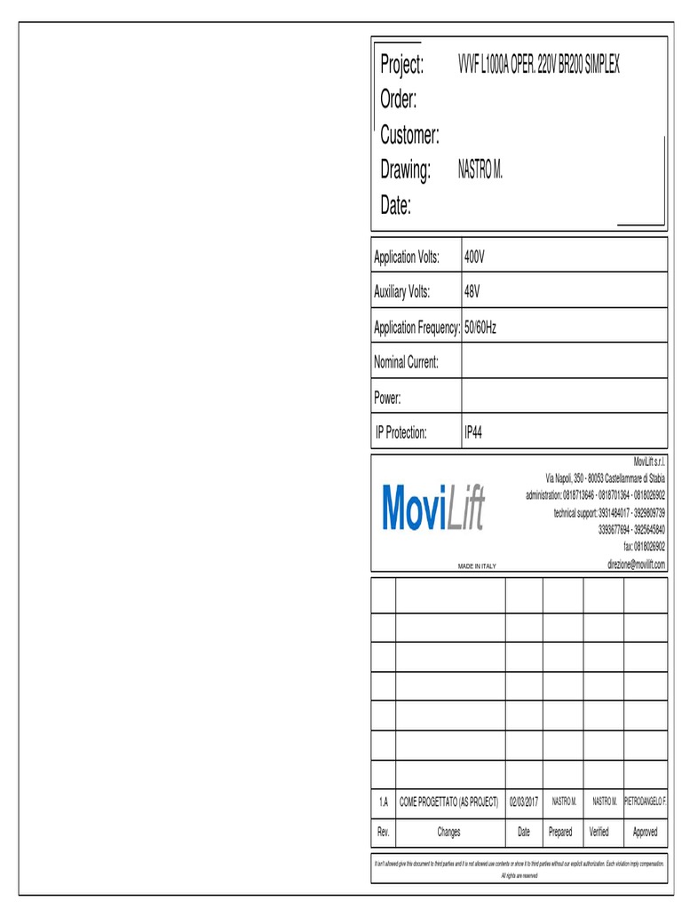 Project: Order: Customer: Drawing: Date:: VVVF L1000A Oper. 220V Br200 ...