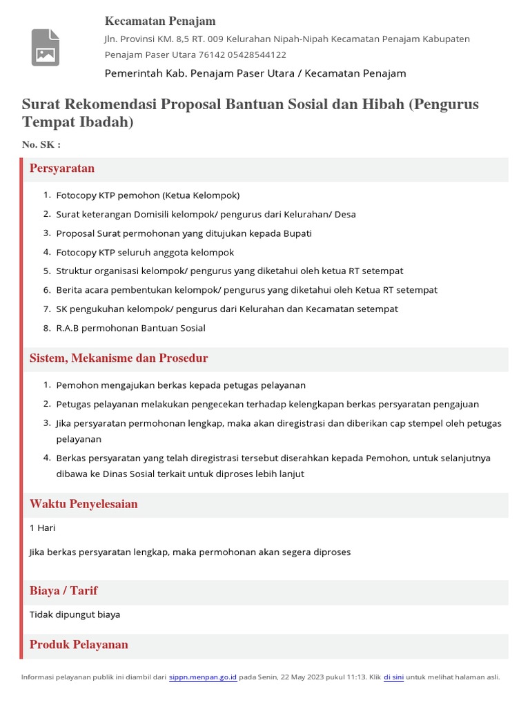 Unduh Standar Pelayanan - Surat Rekomendasi Proposal Bantuan Sosial Dan Hibah (Pengurus Tempat ...