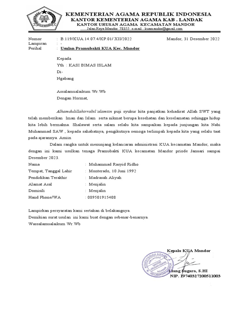 Usulan Pramubakti KUA Mandor 2023 | PDF