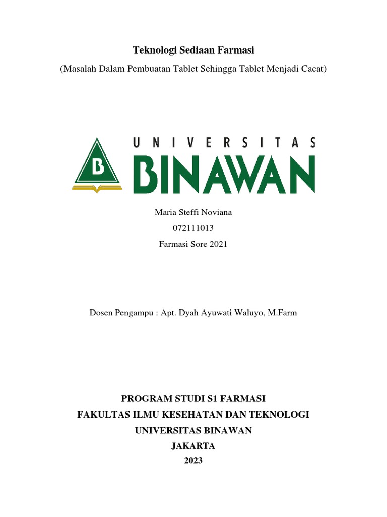Maria Steffi Noviana 072111013 Farmasi Sore Teksedfar Masalah Tablet | PDF