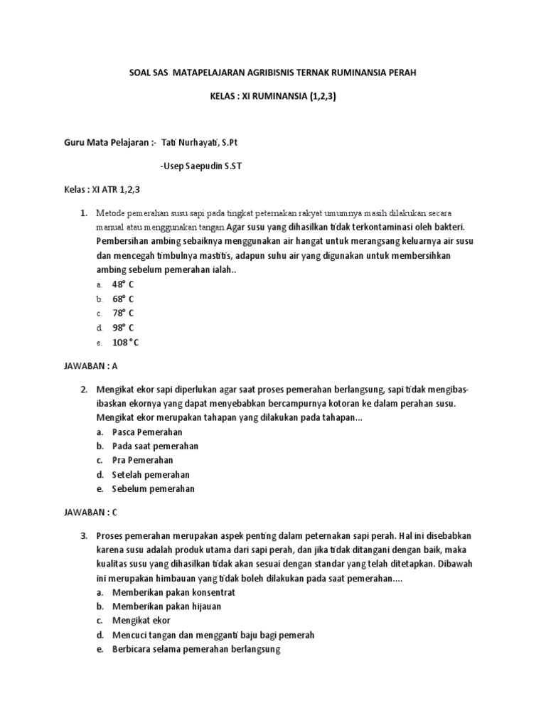 Soal Sas Matapelajaran Agribisnis Ternak Ruminansia Perah | PDF ...