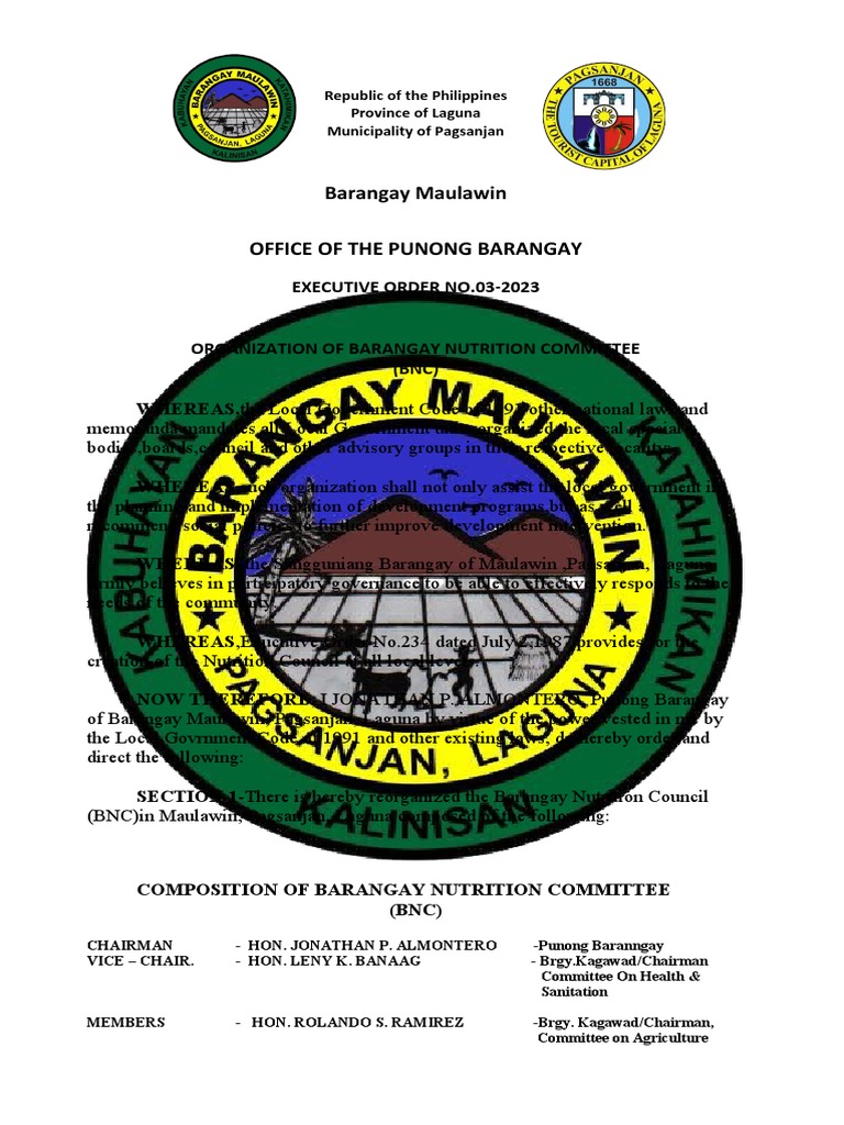 Barangay Nutrition Committee Order 2023 | PDF | Government