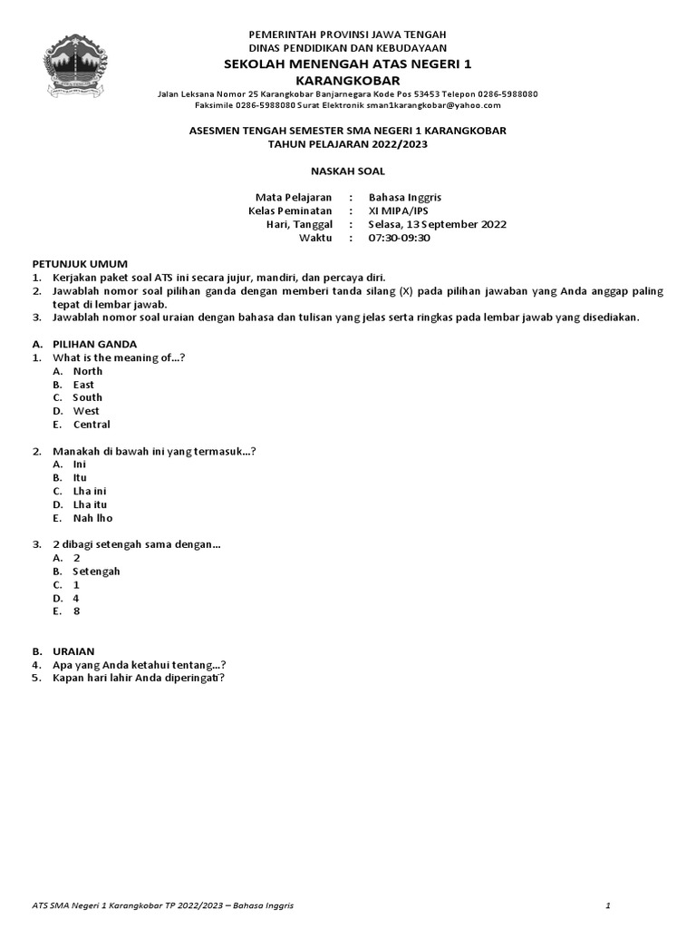Kop Soal ATS Kelas X | PDF