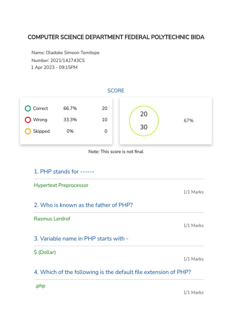 Answer Sheet For Php Test Pdf Php Text File