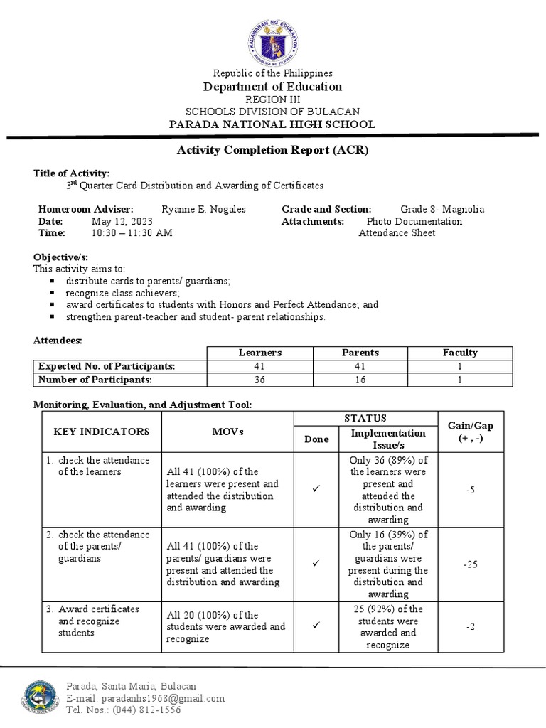 ACR 3rd Quarter Card Distribution and Awarding of Certificates | PDF ...