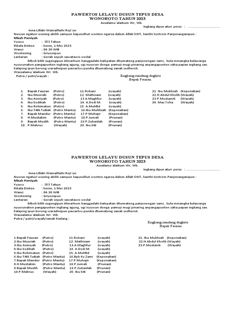 Contoh Lelayu Bhasa Jawa | PDF | Seni | Agama & Spiritualitas