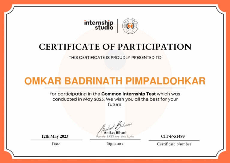 Omkar Badrinath Pimpaldohkar - Participation Certificate | PDF Omkar Badrinath Pimpaldohkar - Participation Certificate | PDF