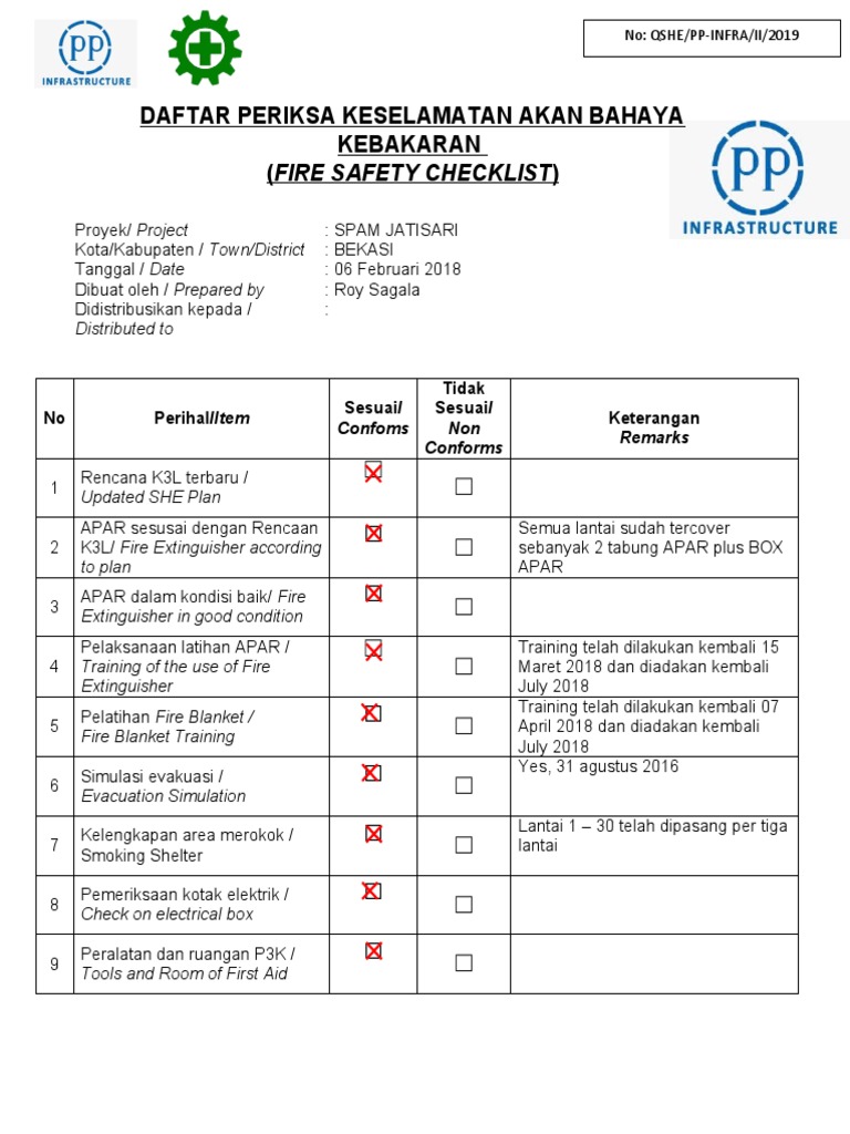 Fire Safety Checklist - Checklist Kebakaran | PDF