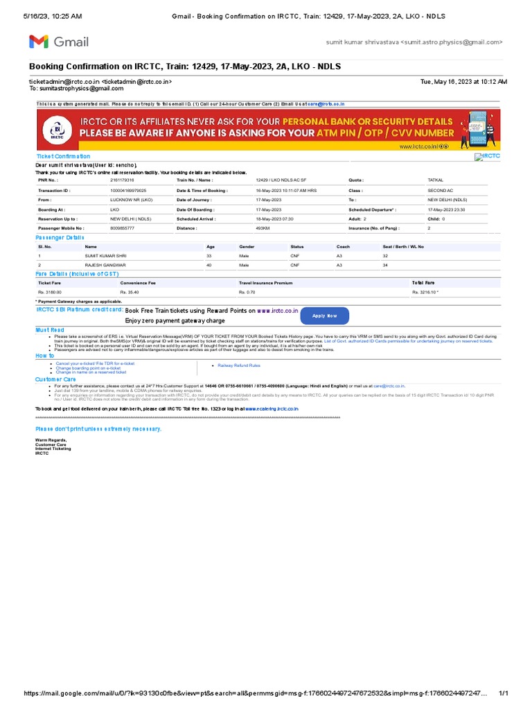 Gmail - Booking Confirmation On IRCTC, Train - 12429, 17-May-2023, 2A, LKO - NDLS | PDF | Credit ...
