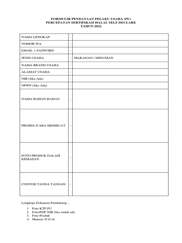 Formulir Pendataan Pelaku Usaha. | PDF