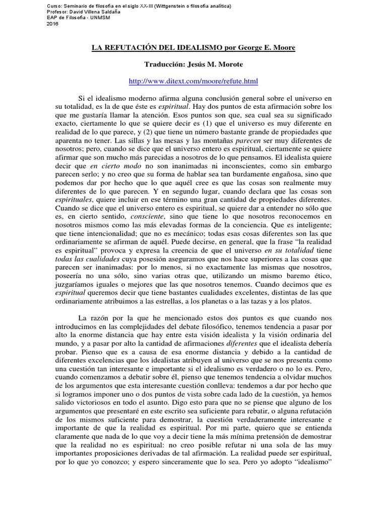 Refutación del Idealismo de Moore | PDF | Verdad | Experiencia