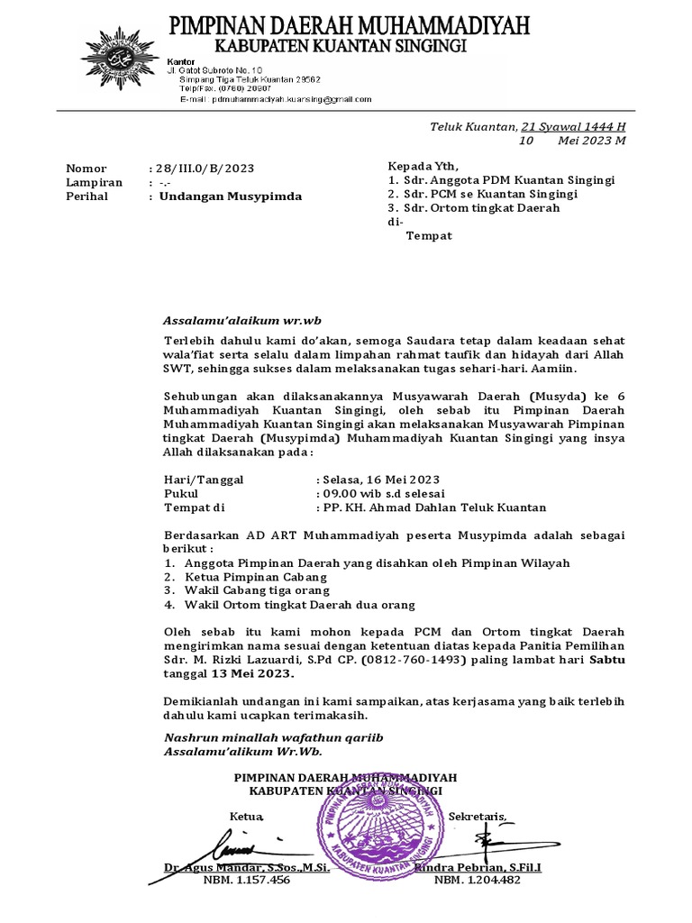 Undangan Musypimda Muhammadiyah 2023 | PDF