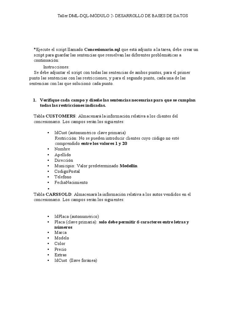 Taller DML | PDF | SQL | Estilos de carrocería