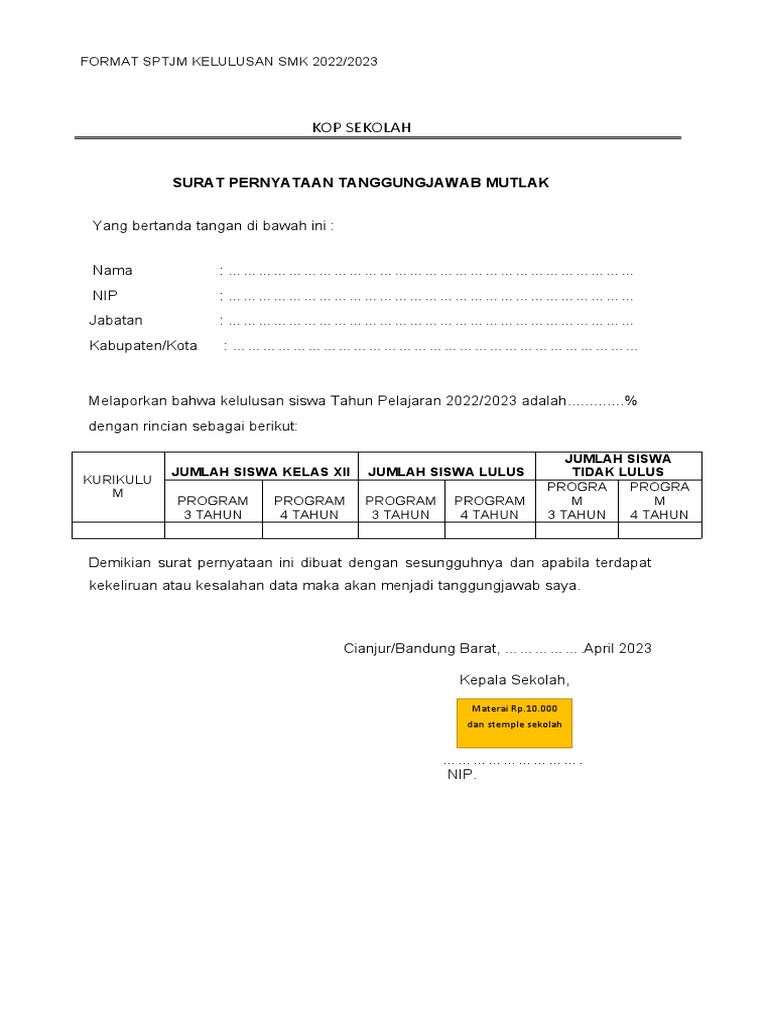 Format SPTJM Kelulusan SMK | PDF