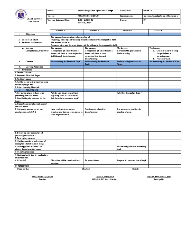 Grade 12 Inquiry and Immersion Lesson Plan | PDF | Learning ...