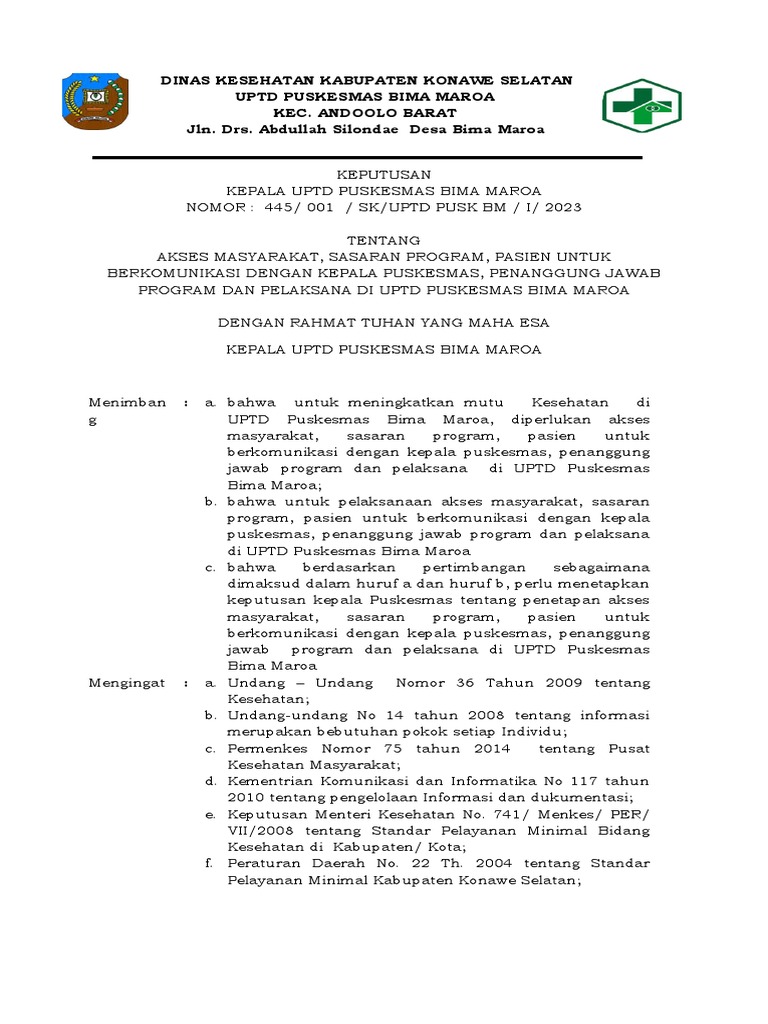 SK Kepala Puskesmas Tentang Akses Masyarakat | PDF