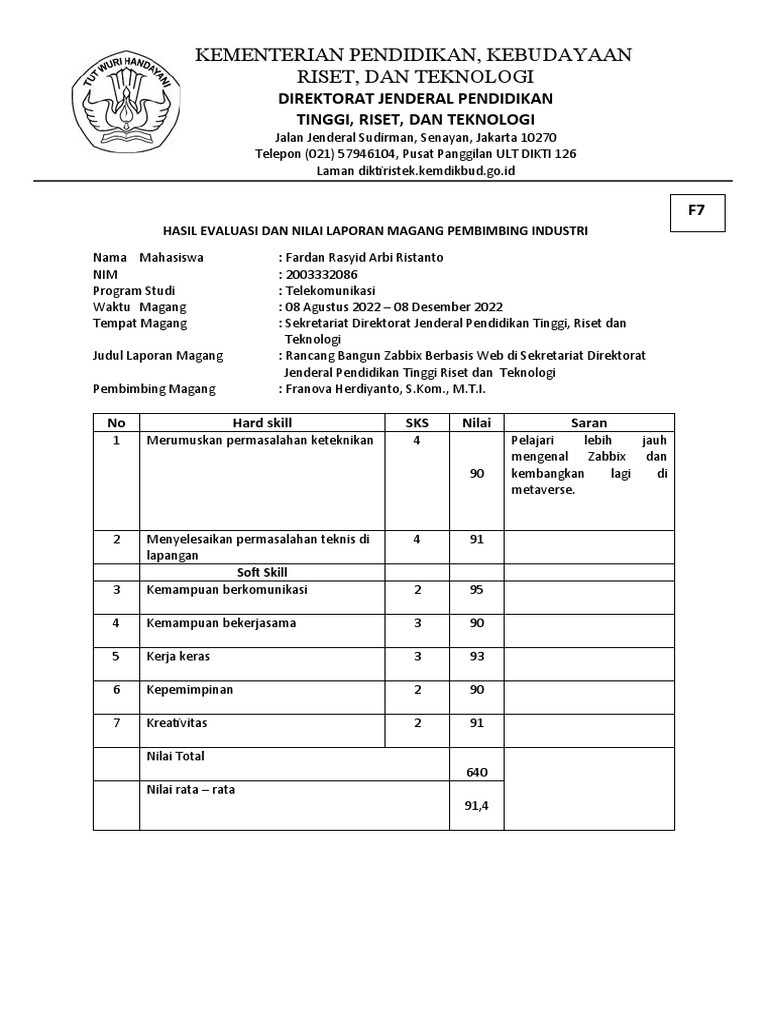 F7 - Versi Baru Form Nilai Magang Pembimbing Industri | PDF