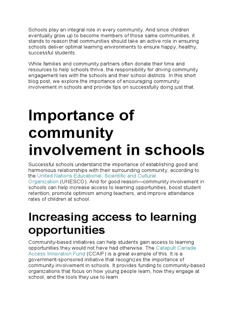Importance of Community Involvement in Schools: Increasing Access To Learning Opportunities | PDF